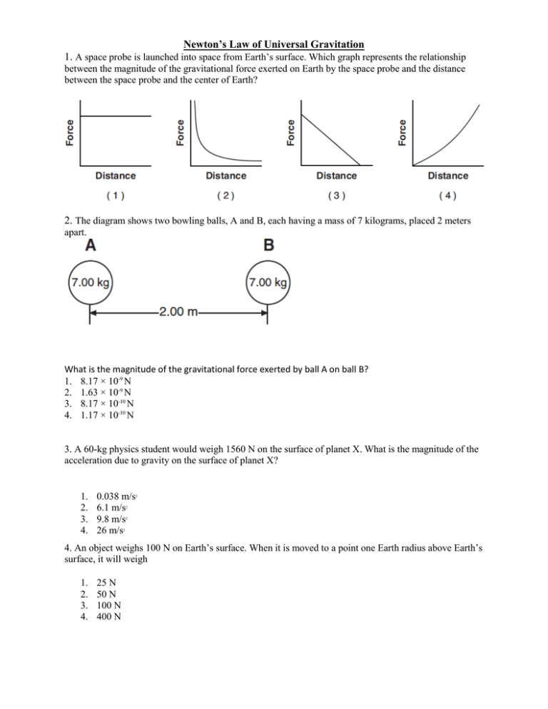 Newton's Law of Gravitation Worksheet - Physics Problems