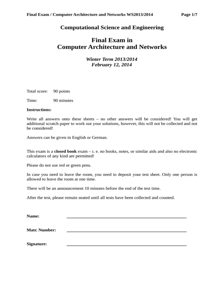 Computer Architecture & Networks Exam WS2013/2014