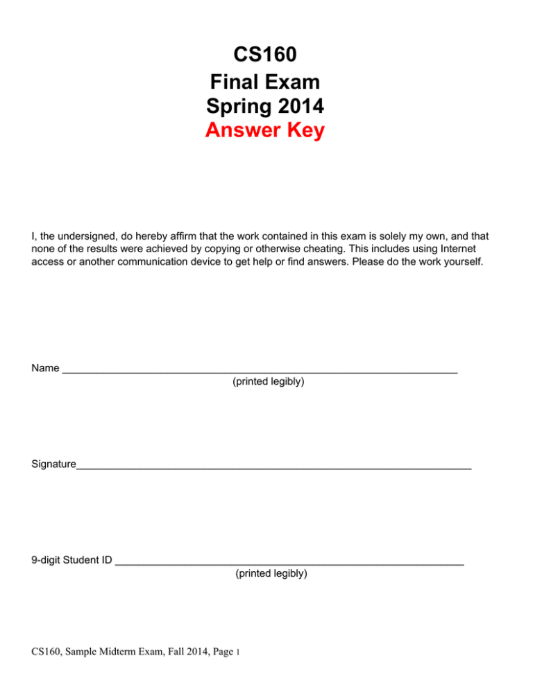 CS160 Final Exam Answer Key - Spring 2014