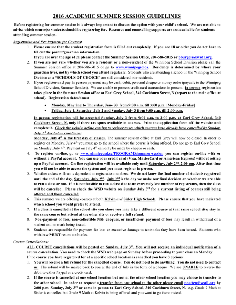 2016 ACADEMIC SUMMER SESSION GUIDELINES