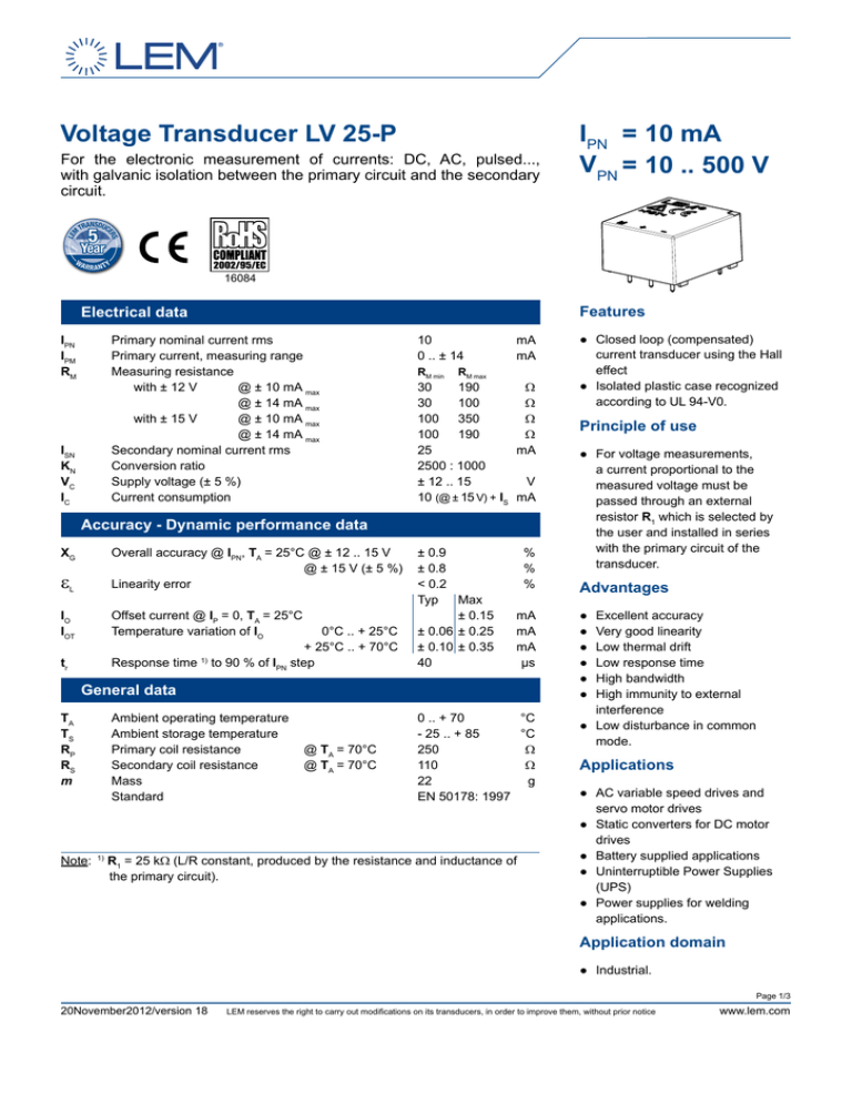 LV 25-P Voltage Transducer Datasheet | LEM