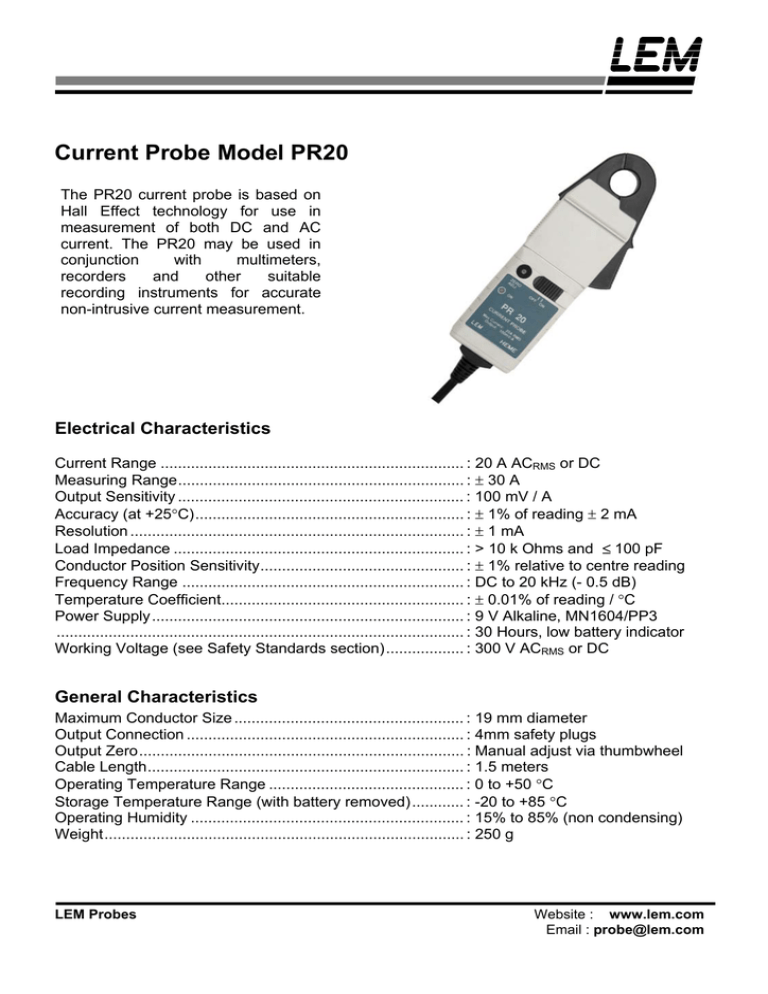 PR20 Current Probe Datasheet | LEM Probes