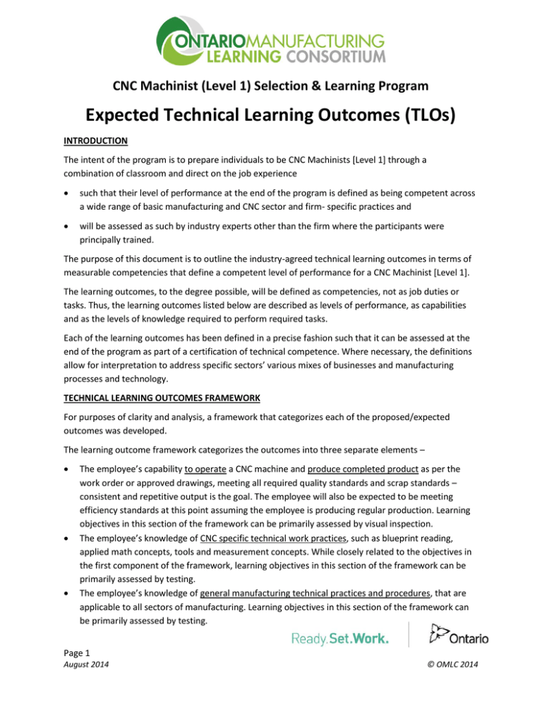 CNC Machinist Level 1 Training Program Outcomes