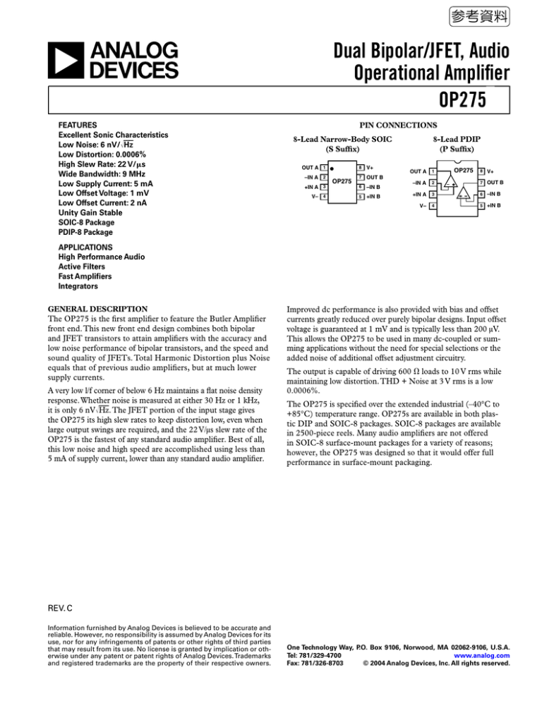 OP275 Dual Bipolar/JFET, Audio Operational Amplifier