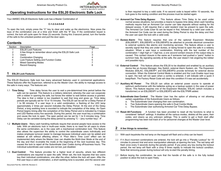 ESL20 Electronic Safe Lock Operating Instructions