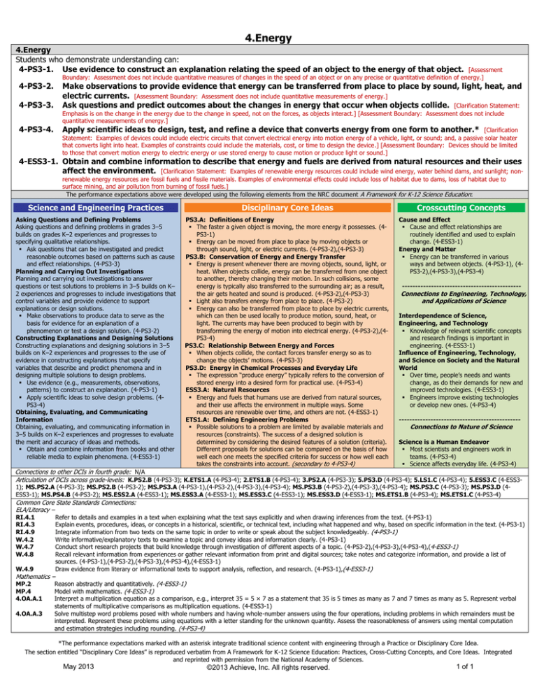 4th Grade Energy Curriculum Standards: Science Education