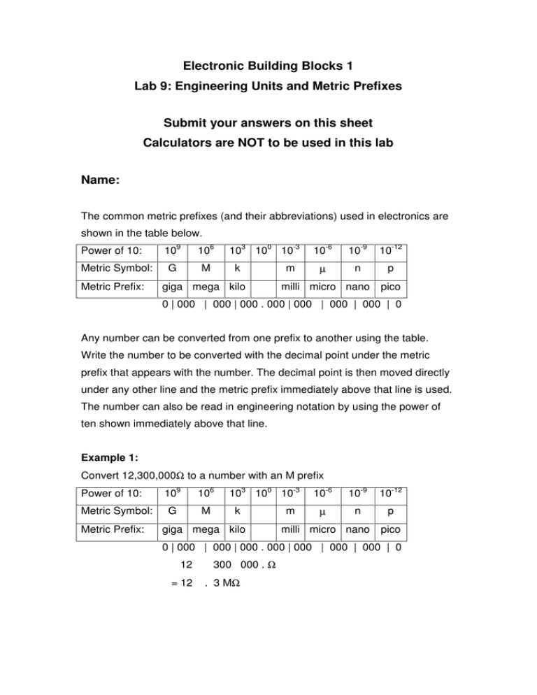 Engineering Units & Metric Prefixes Lab Worksheet