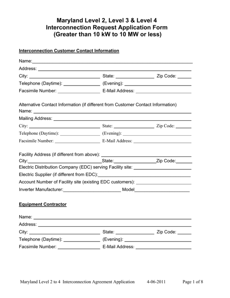 MD Level 2 to 4 Interconnection Application