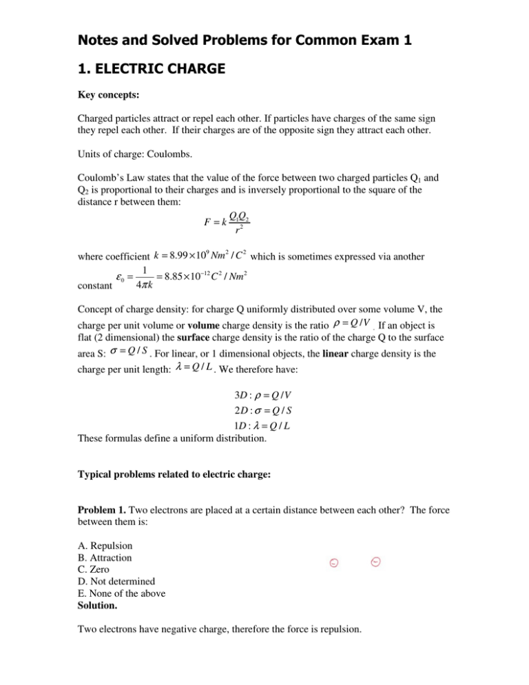 Electric Charge & Fields: Notes and Solved Problems