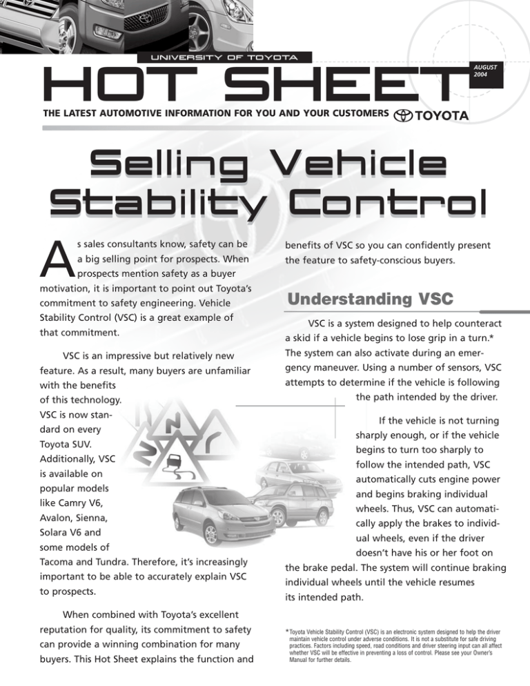 Toyota VSC: Selling Vehicle Stability Control - Hot Sheet