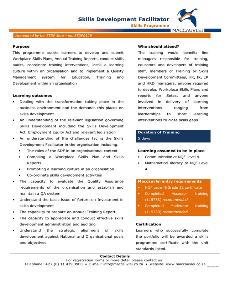 Skills Development Facilitator Programme - ETDP SETA Accredited