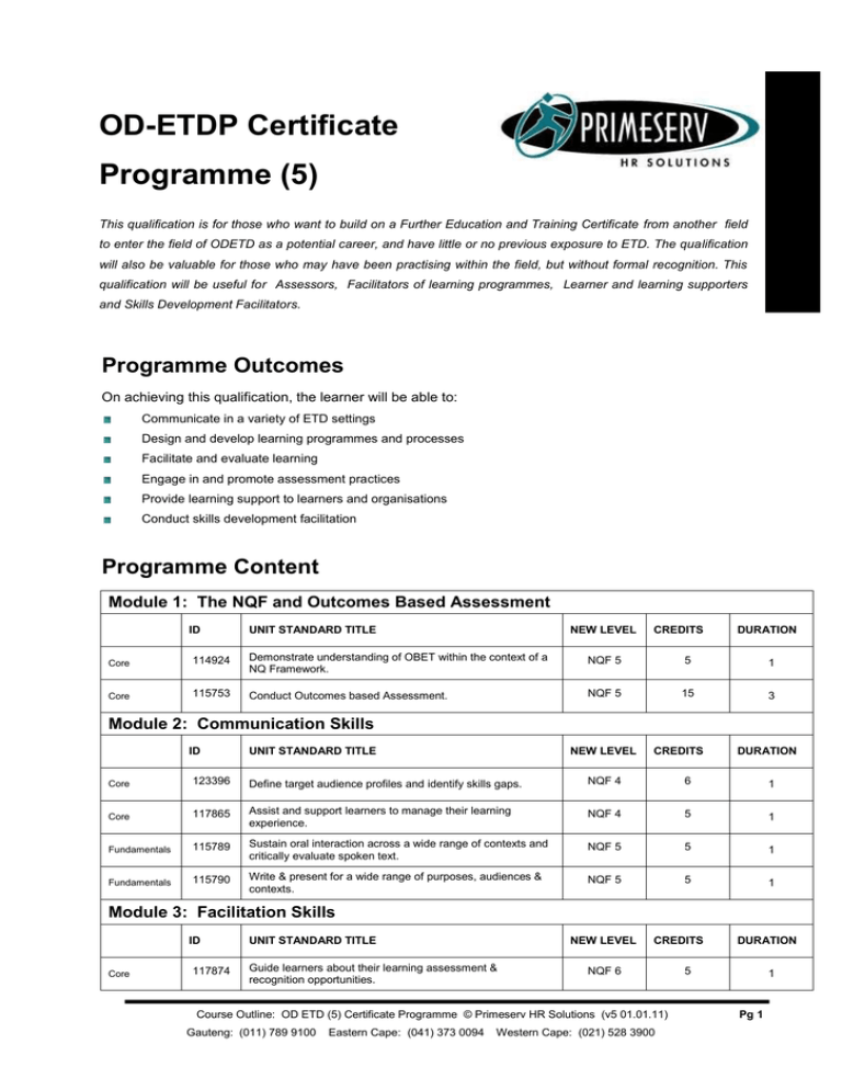 OD-ETDP Certificate Programme Outline (NQF Level 5)