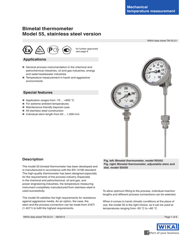 WIKA Model 55 Bimetal Thermometer Data Sheet