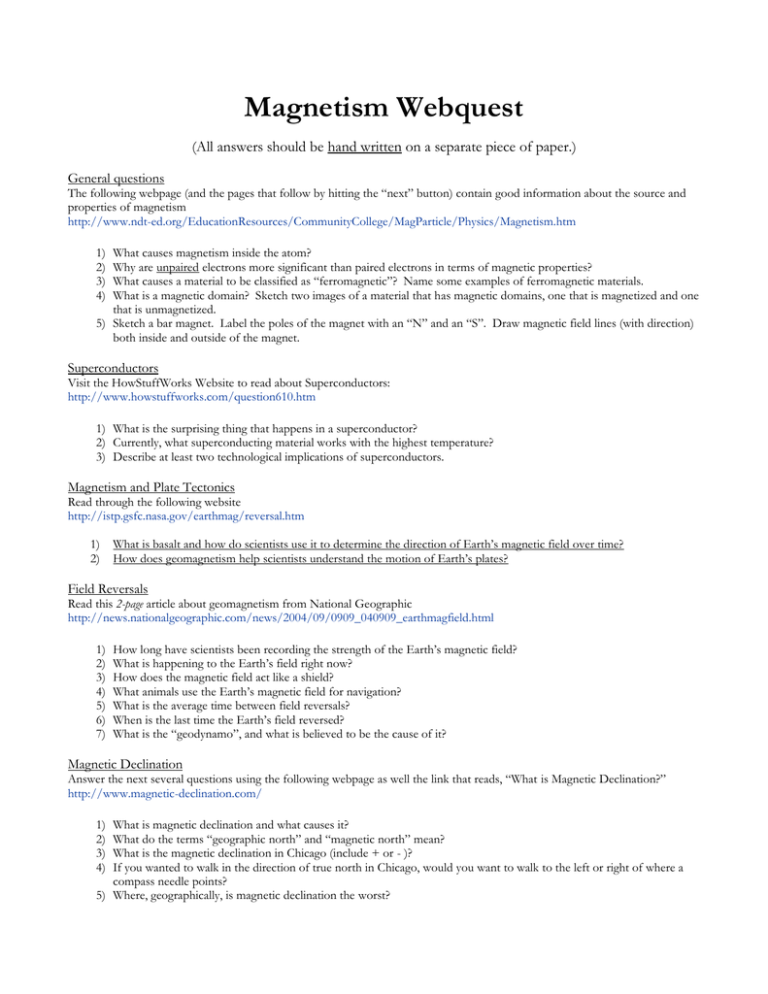 Magnetism Webquest: High School Physics