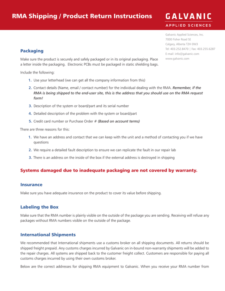 RMA Shipping / Product Return Instructions