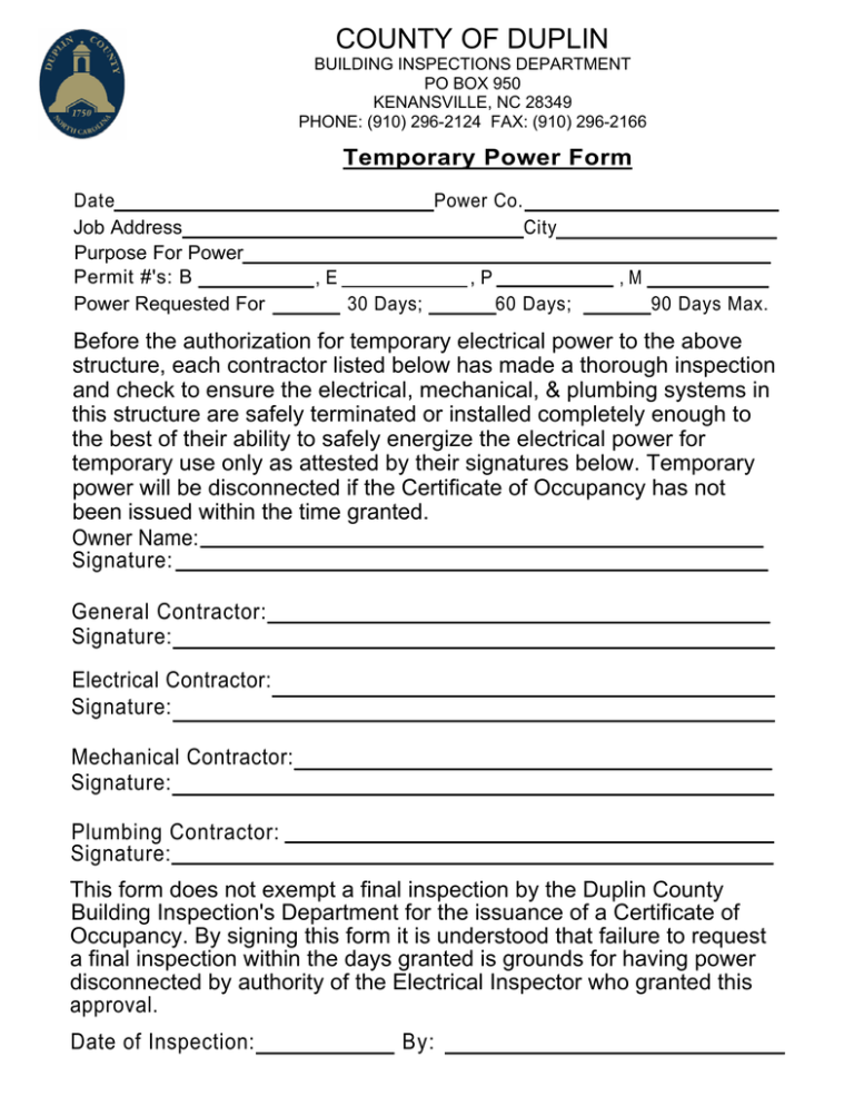 Temporary Power Form