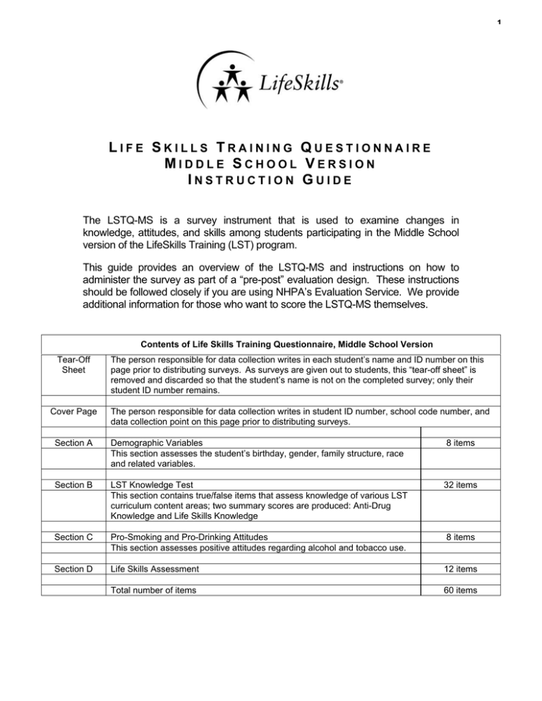 Life Skills Training Questionnaire Guide - Middle School
