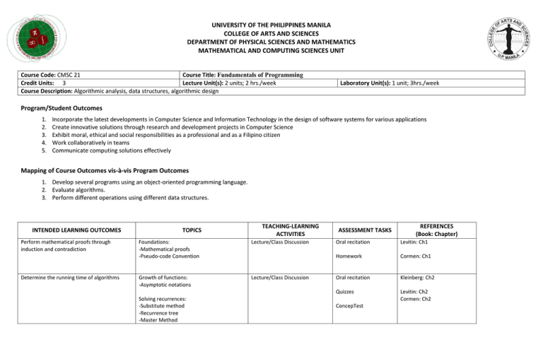 CMSC 21 Fundamentals of Programming Syllabus