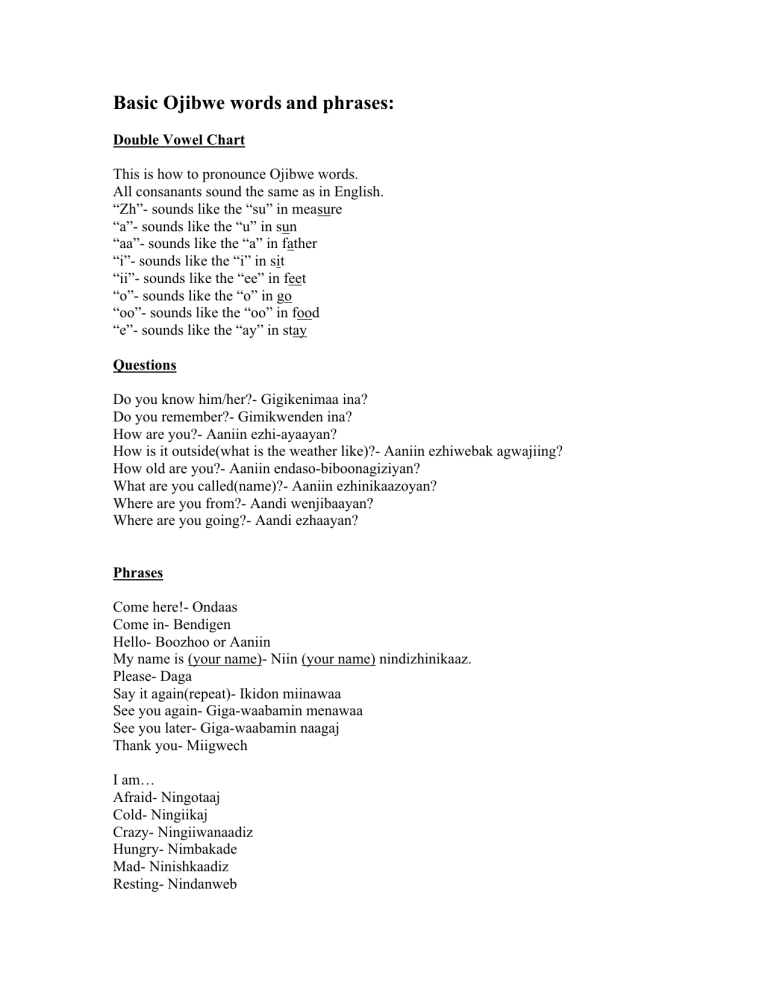 Basic Ojibwe words and phrases: