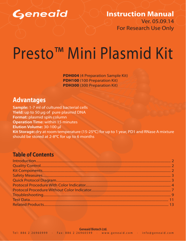 Presto Mini Plasmid Kit Instruction Manual