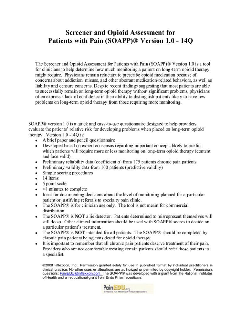 SOAPP Questionnaire: Opioid Risk Assessment Tool