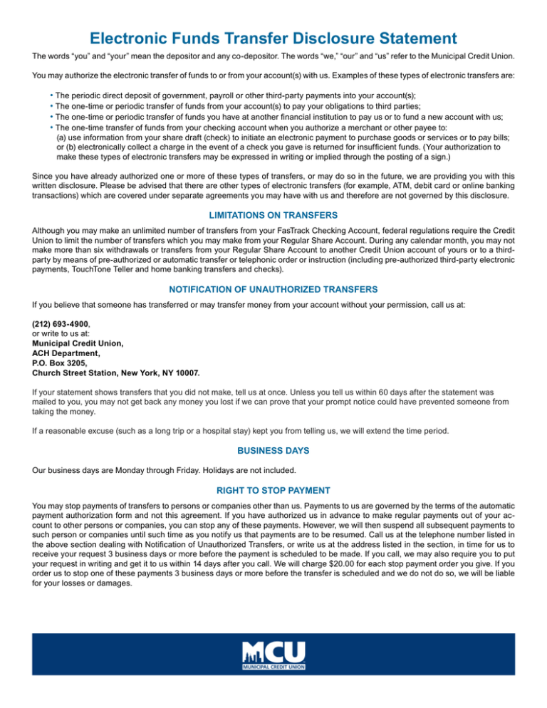 Electronic Funds Transfer Disclosure Statement