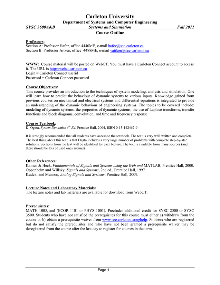 SYSC 3600 Systems & Simulation Course Outline - Carleton University