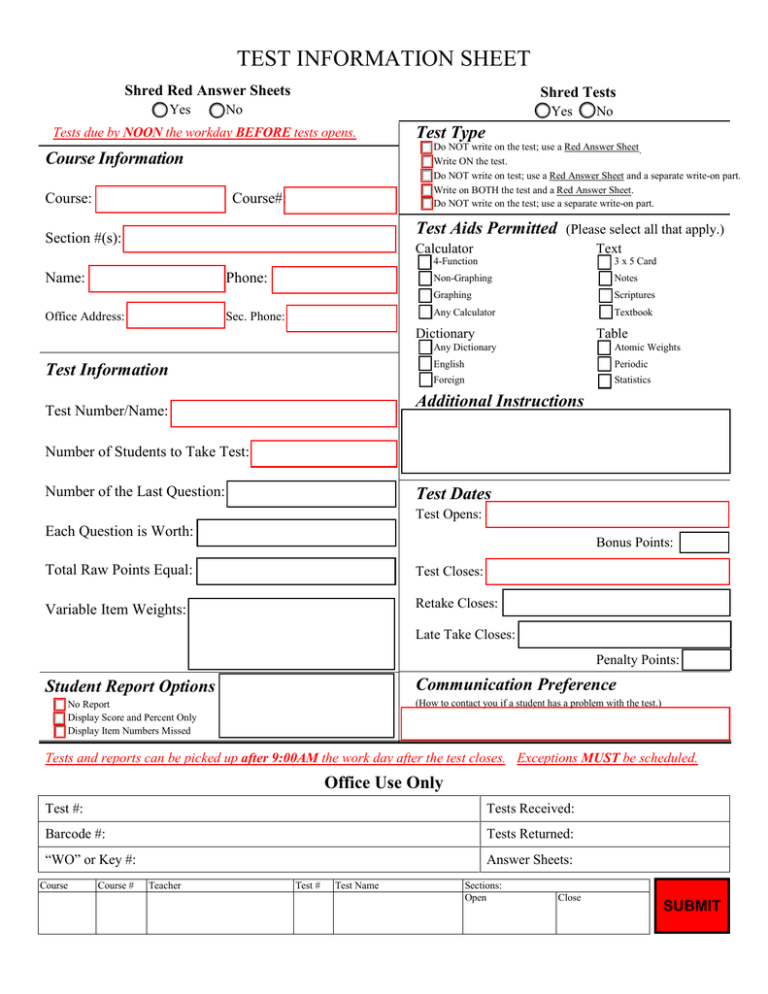TEST INFORMATION SHEET