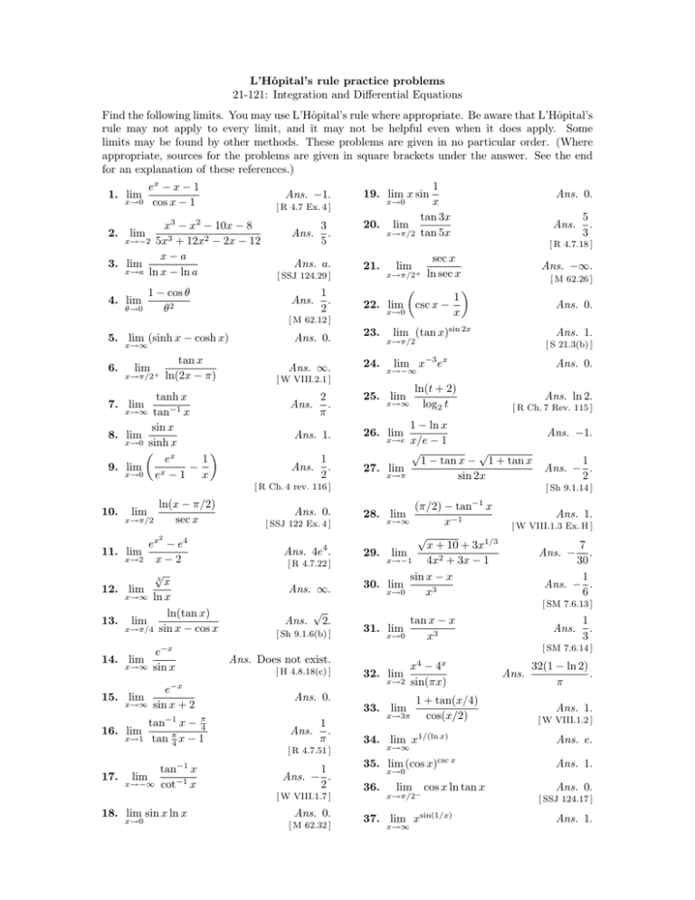 L`Hôpital`s rule practice problems 21