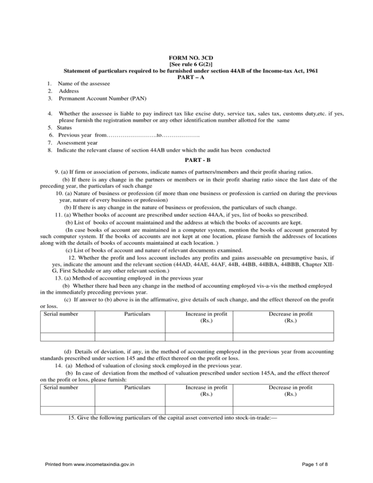 FORM NO. 3CD - Income Tax Department