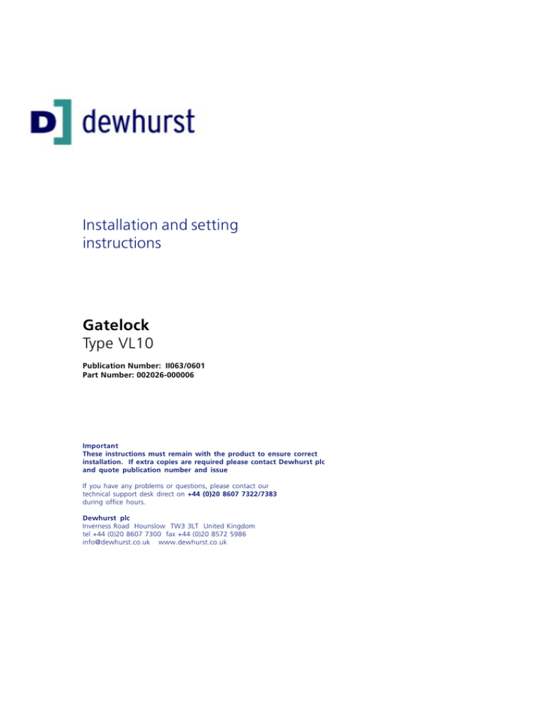 Dewhurst VL10 Gate Lock Manual