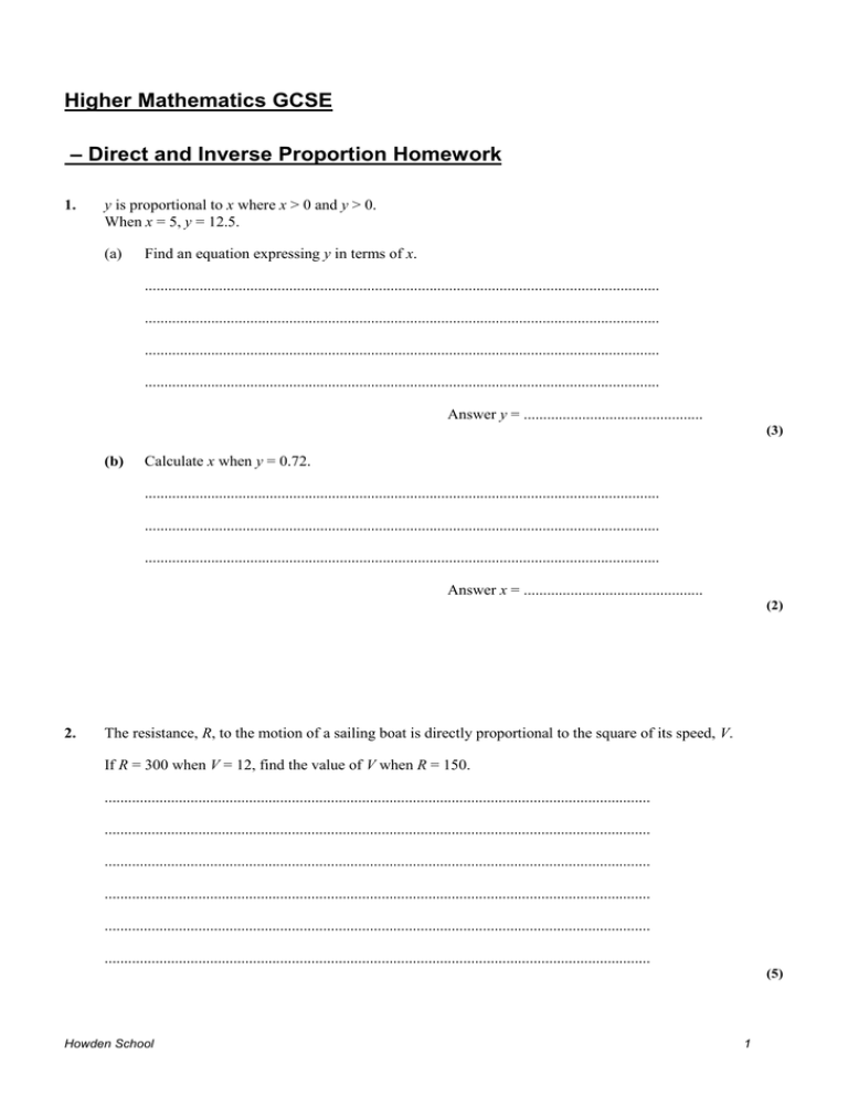 Mathematics GCSE – Direct and Inverse Proportion