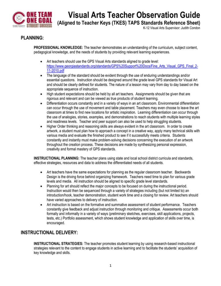 Visual Arts Teacher Observation Guide (TKES/TAPS)