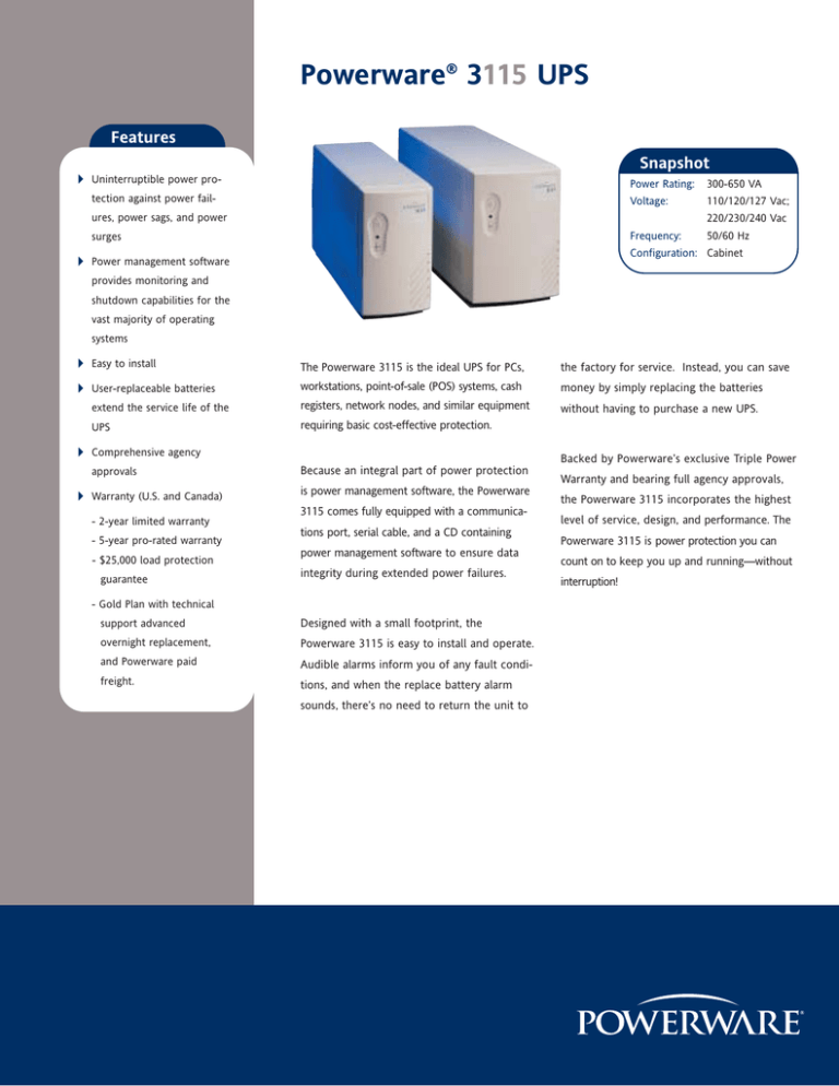 Powerware 3115 UPS Datasheet: Features & Specs