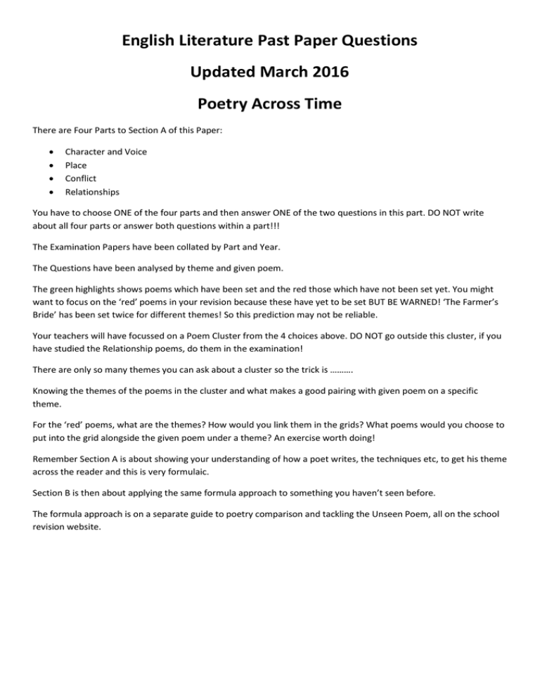 English Literature Past Paper Questions Updated March 2016