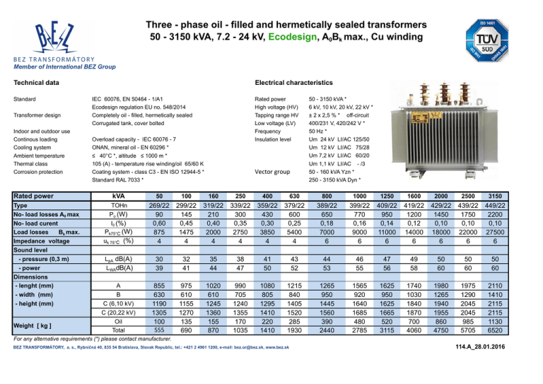 Transformer Datasheet: 50-3150 kVA, 7.2-24 kV