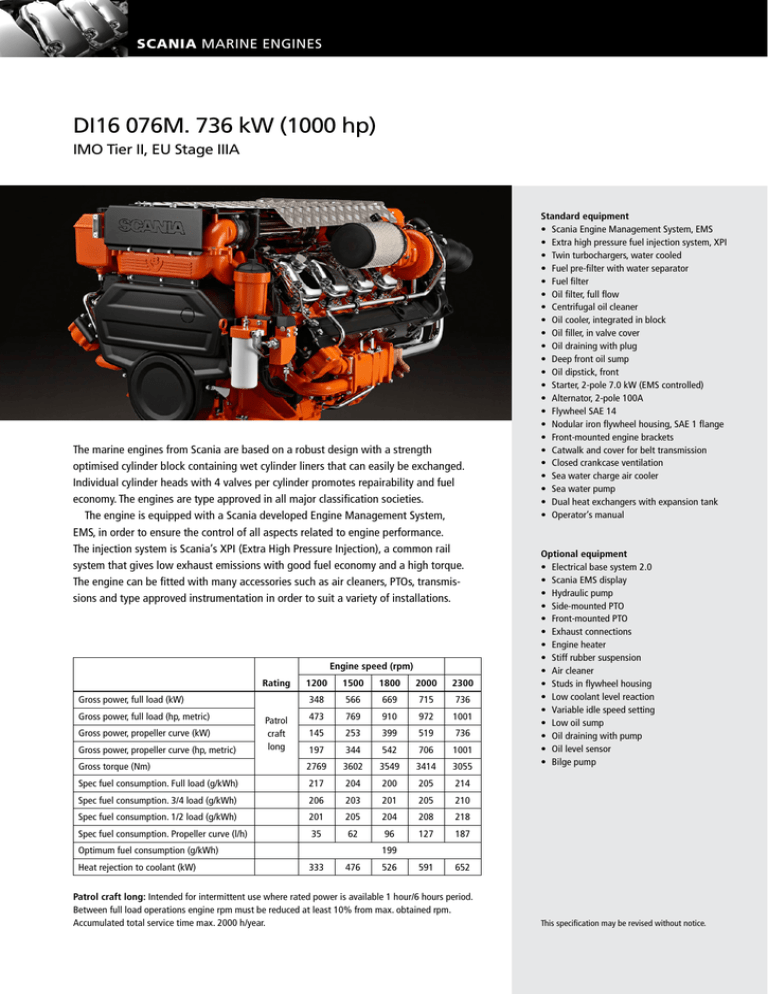 SCANIA DI16 076M Marine Engine Specs | 1000 hp Datasheet
