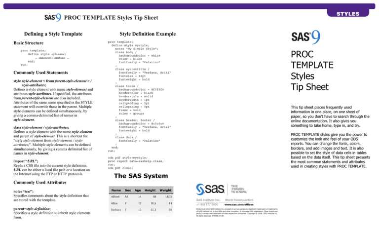 Proc Template Styles Tip Sheet