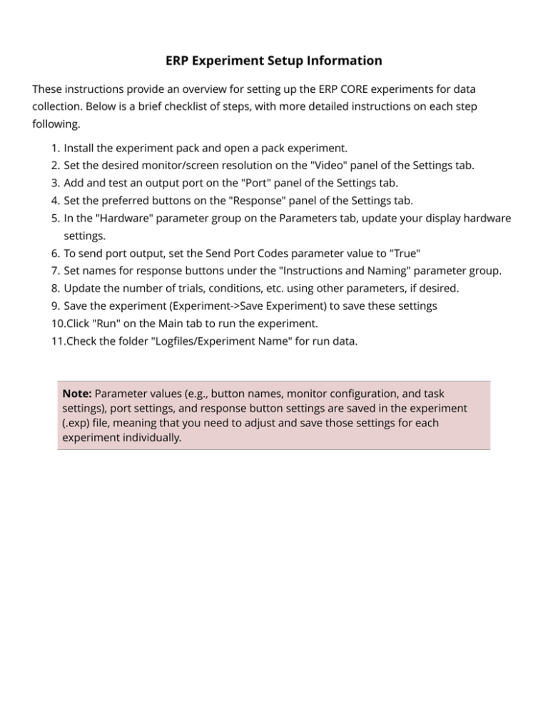 ERP Experiment Setup Information