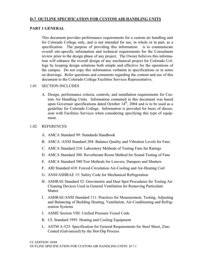 Outline Specification for Custom Air Handling Units