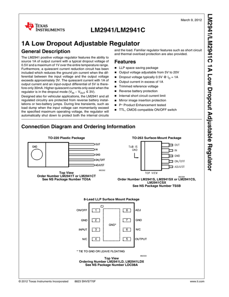 LM2941/LM2941C 1A Low Dropout Regulator Datasheet