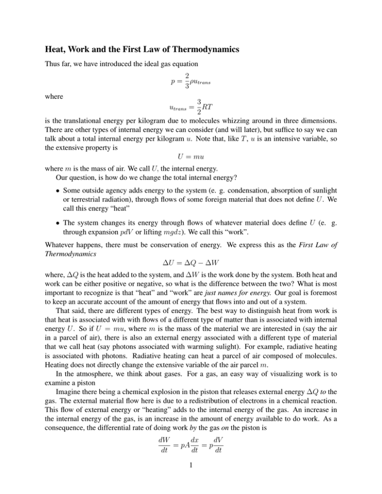 Heat, Work and the First Law of Thermodynamics