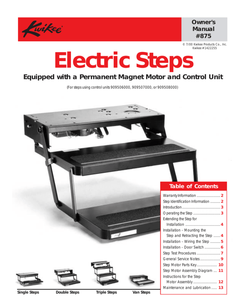 Kwikee Electric Steps Owner's Manual #875