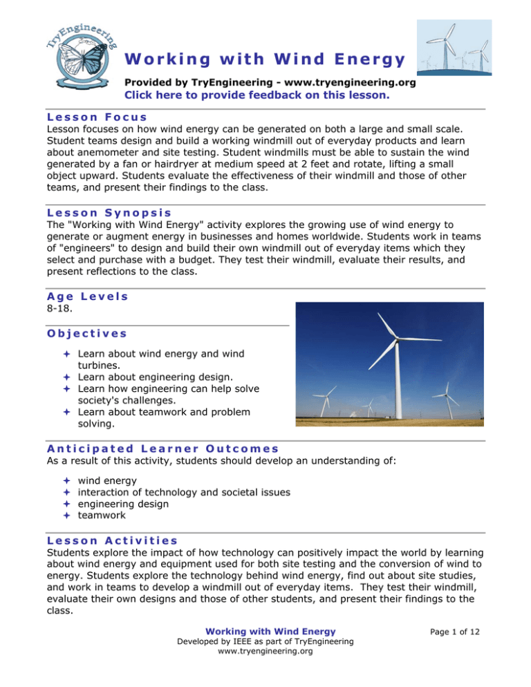 Wind Energy Lesson Plan: Design & Build a Windmill