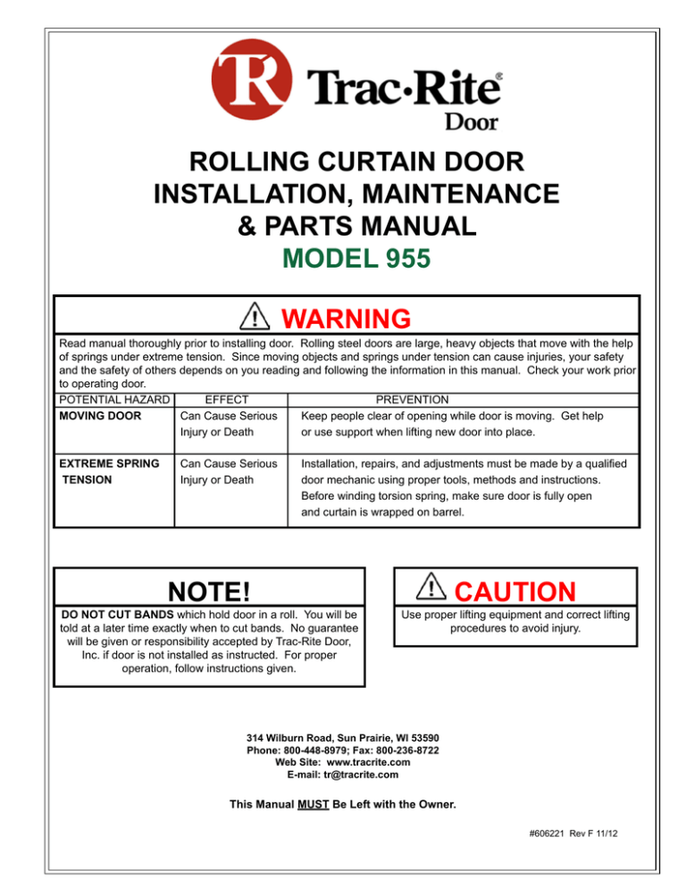 Trac-Rite 955 Rolling Door Installation & Maintenance Manual