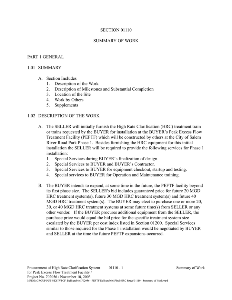 SECTION 01110 SUMMARY OF WORK PART 1