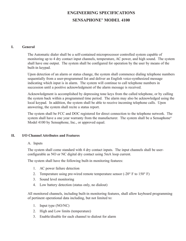 ENGINEERING SPECIFICATIONS SENSAPHONE® MODEL 4100
