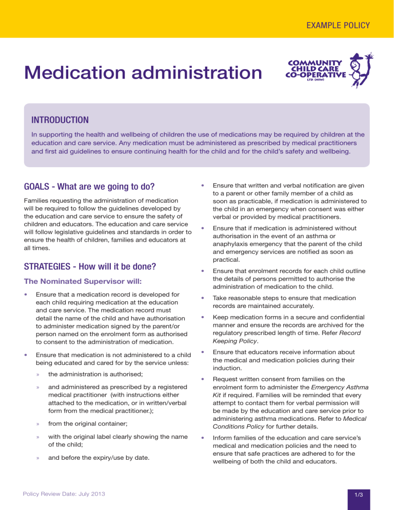 Medication Administration Policy for Childcare Services