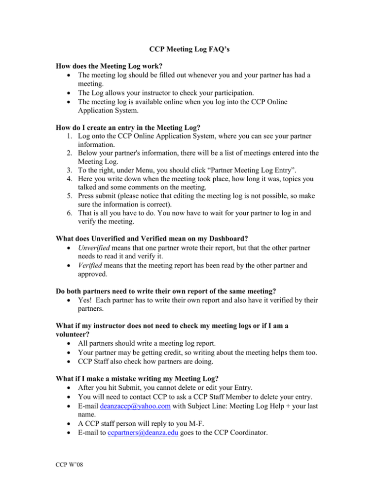 CCP Meeting Log FAQs: How to Use the System