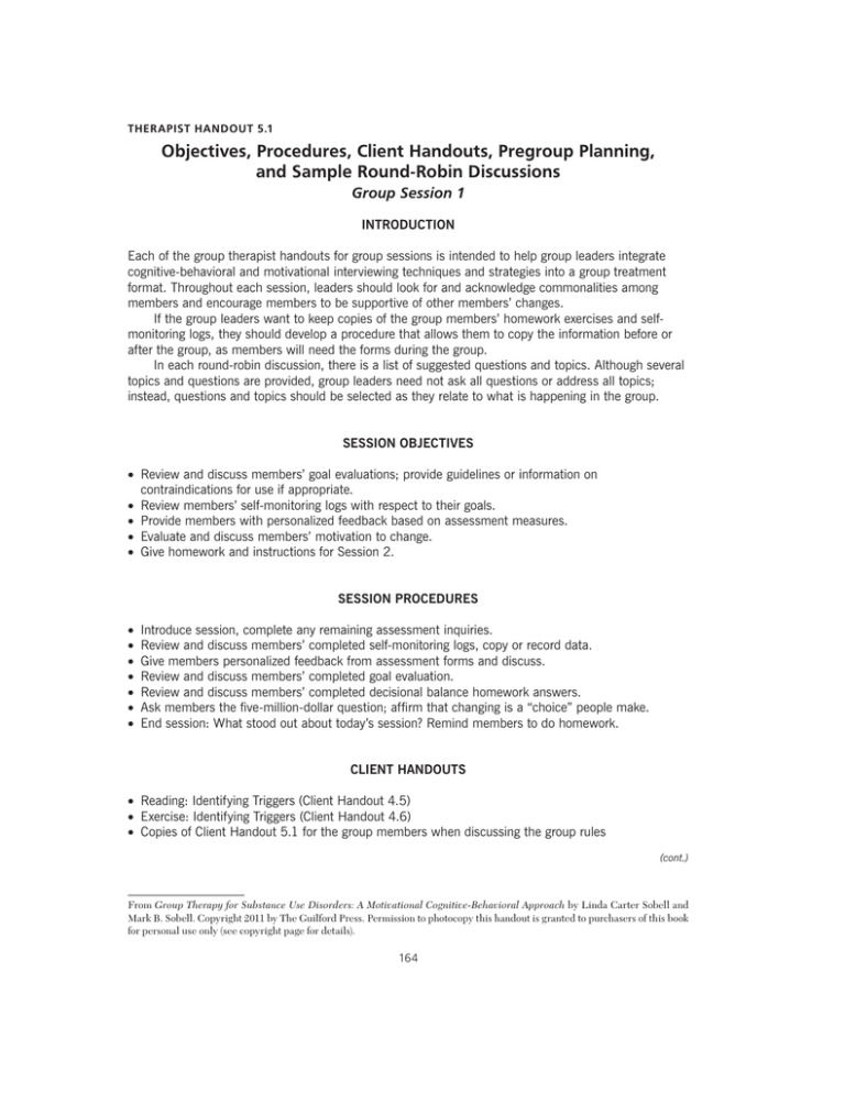 Substance Use Group Therapy: Session 1 Handout